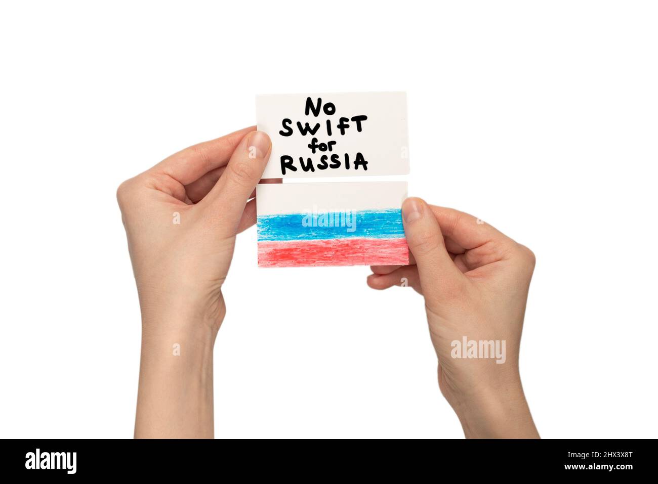 No SWIFT for Russia text on a card isolated on a white background in ...