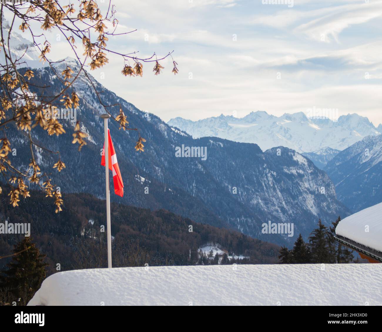 Swiss flag flying in the alps Stock Photo - Alamy