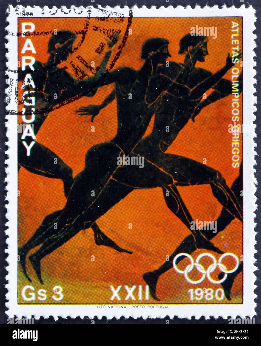 PARAGUAY - CIRCA 1979: a stamp printed in Paraguay shows three runners ...