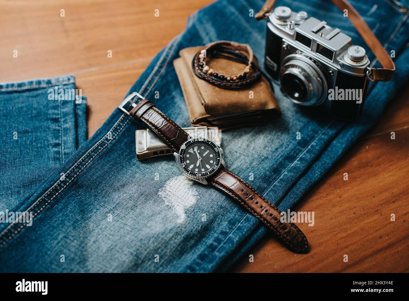 Men accessories on wooden desk. Closeup at luxury men watch with black ...