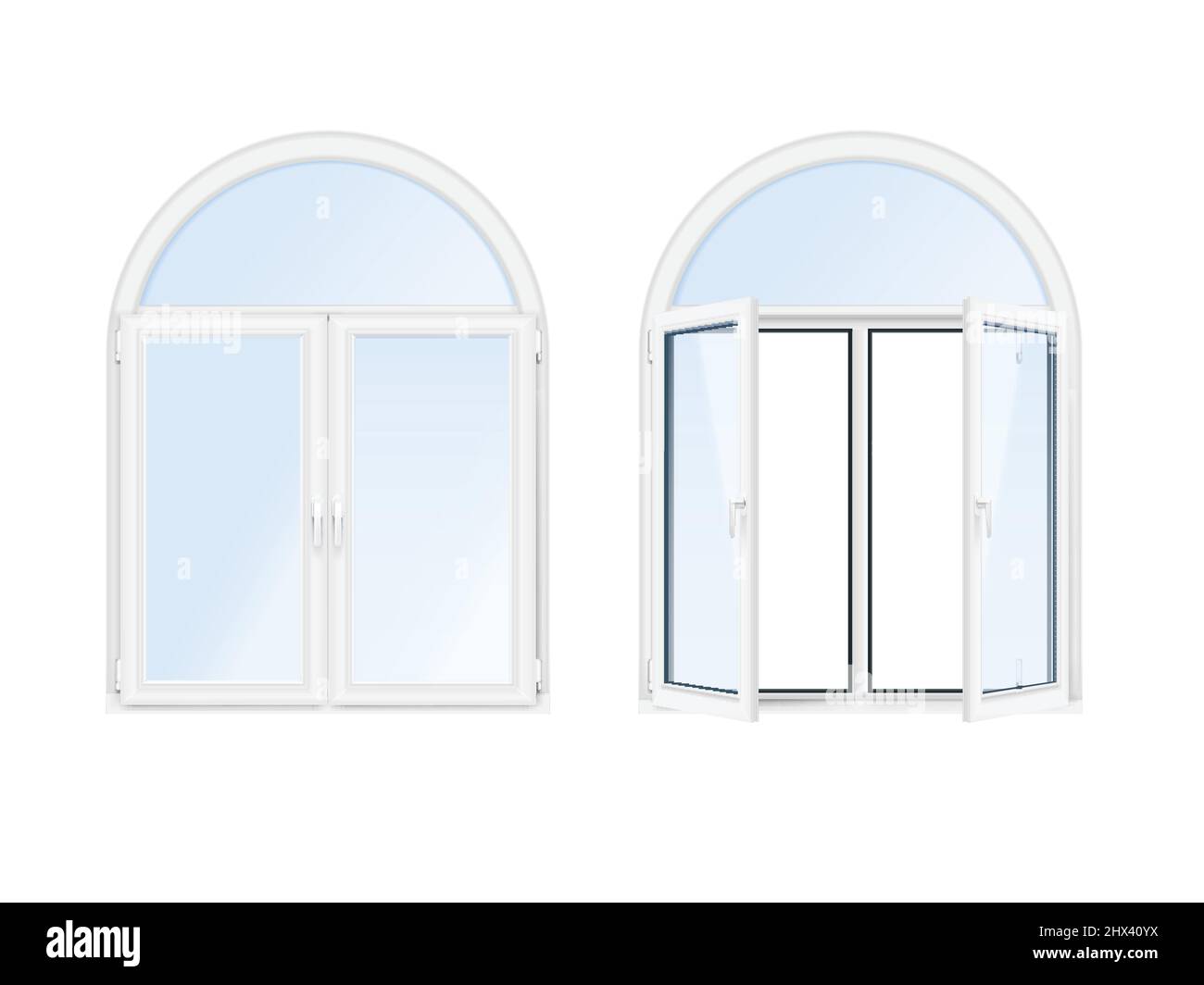 Two isolated and realistic arch windows icon set white open and closed ...