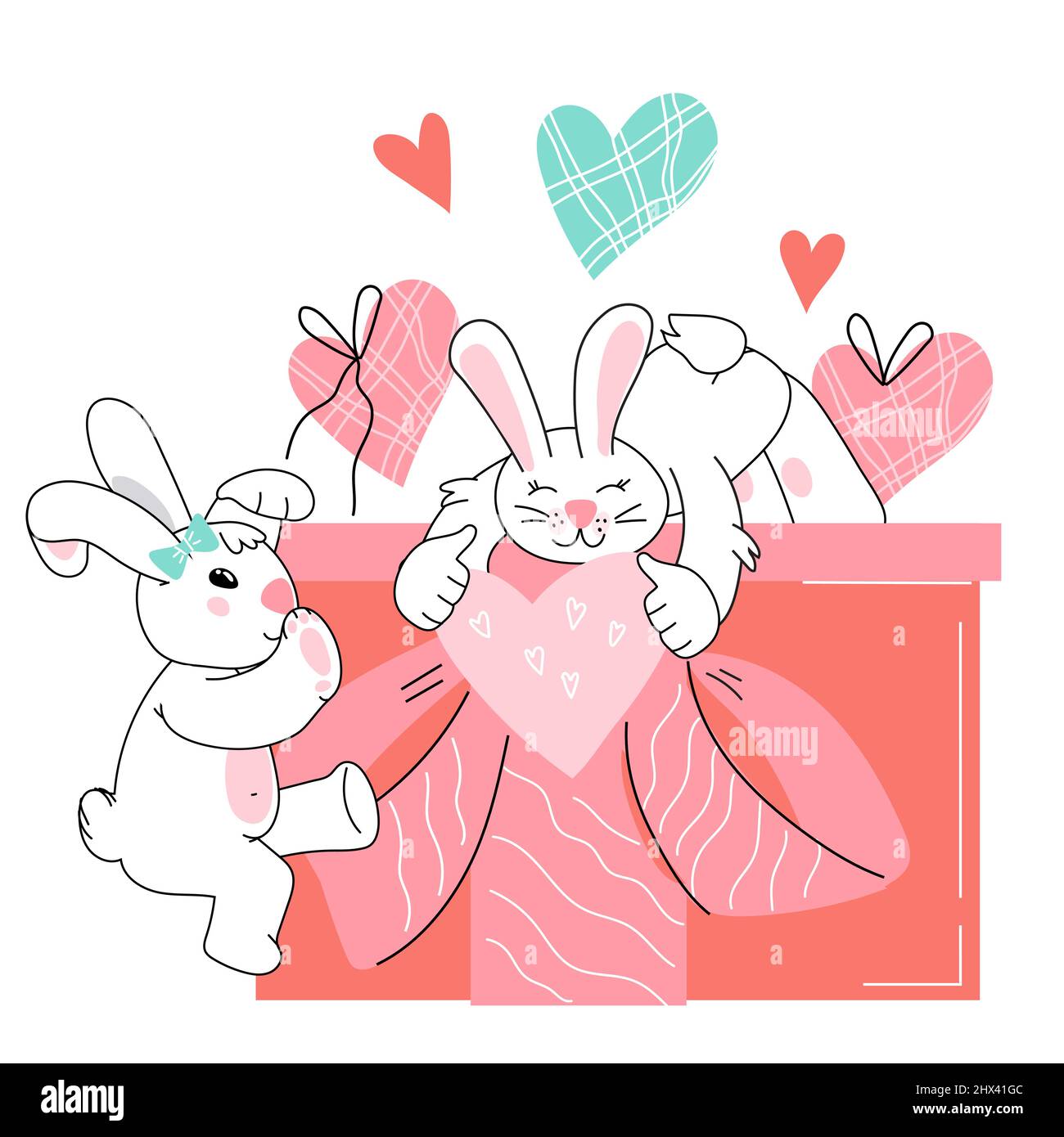 Cute cartoon bunny with hearts for Valentine's day and birthday cards ...