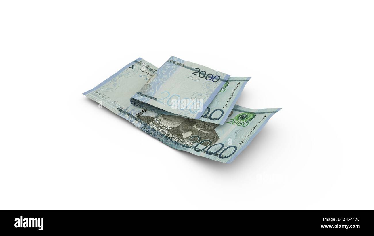 3D rendering of Double 2000 Dominican peso notes isolated on white ...