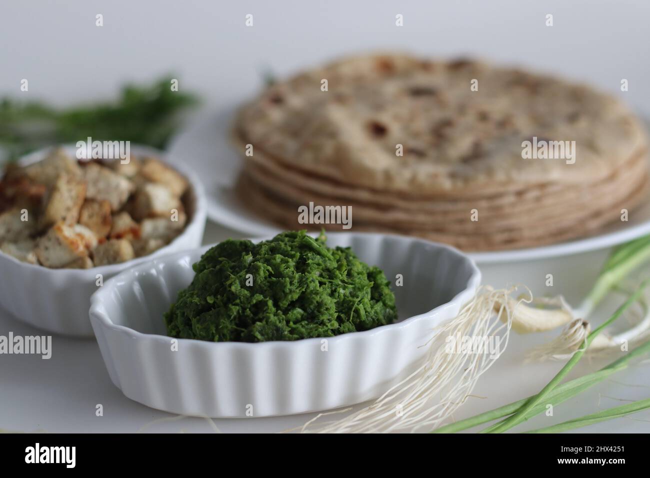 Spicy green garlic condiment, made with spring garlic, coriander leaves ...