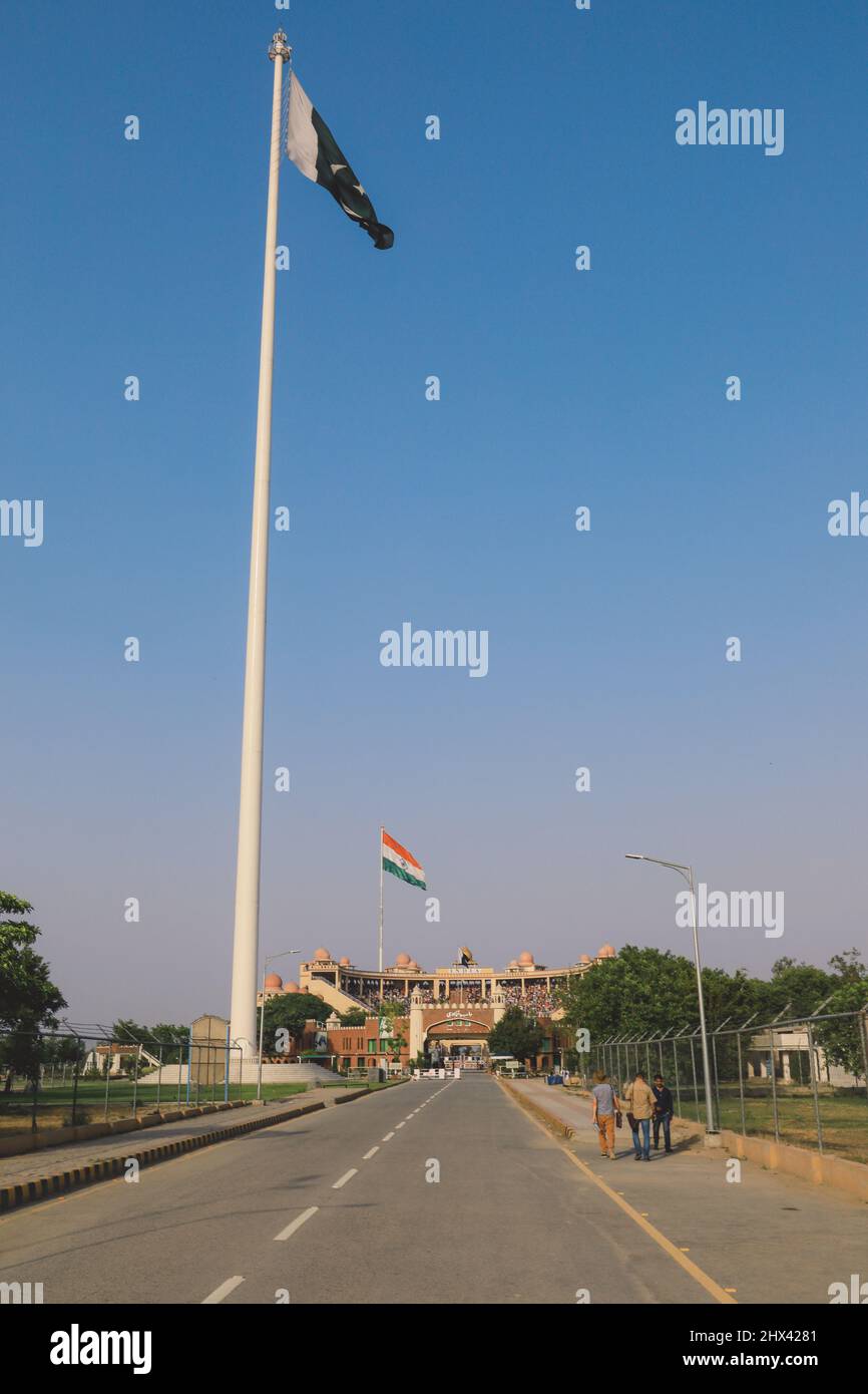 View to the Main Gates of Attari-Wagah border with the flags of India ...