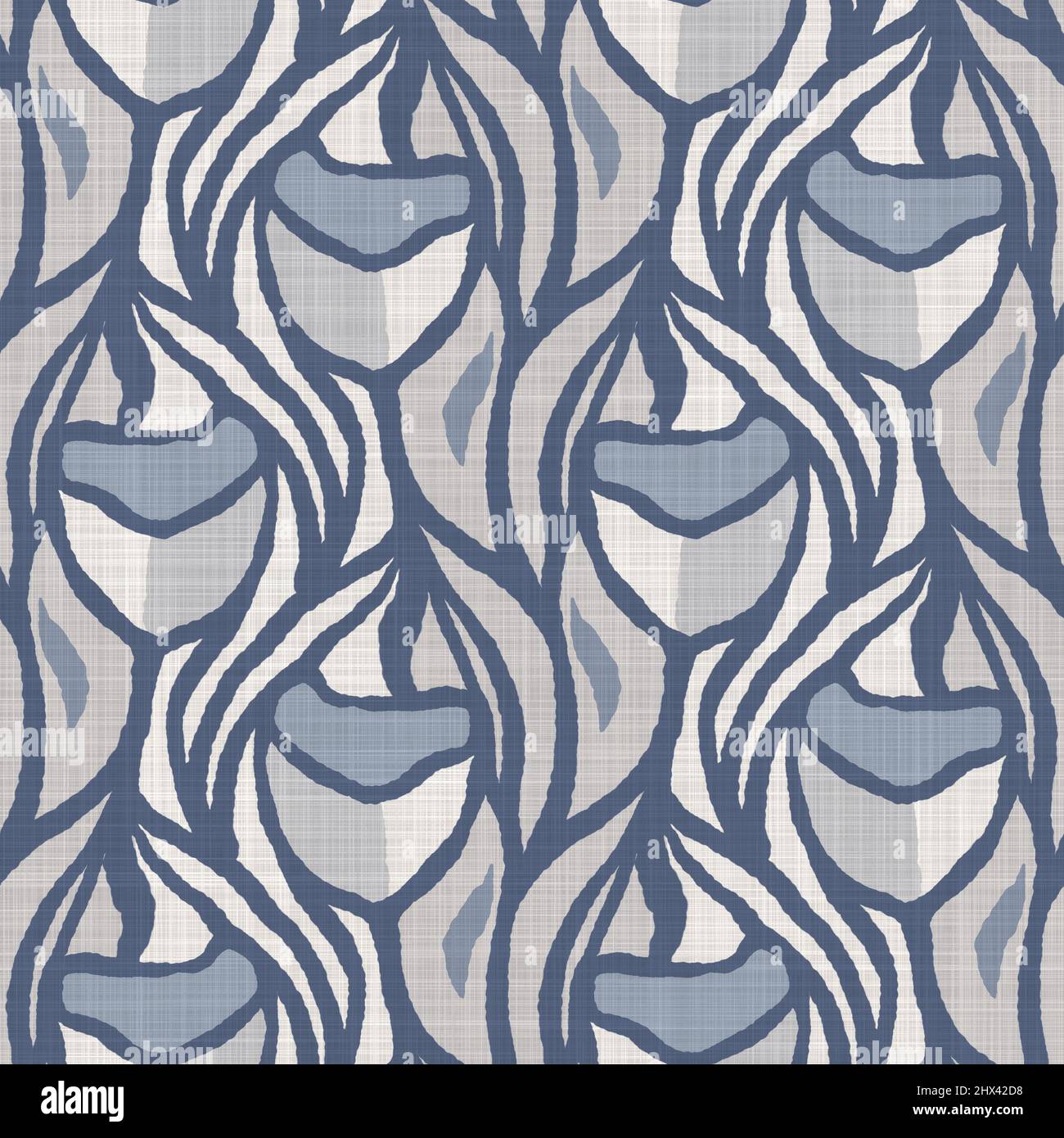 French blue doodle motif linen seamless pattern. Tonal country cottage ...