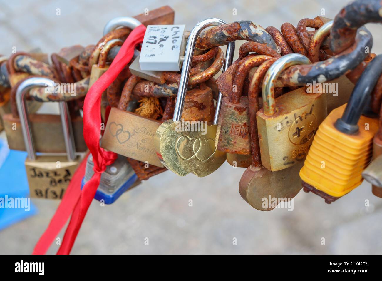 Love locks / padlocks along the promenade at Pier Head, Liverpool Stock ...