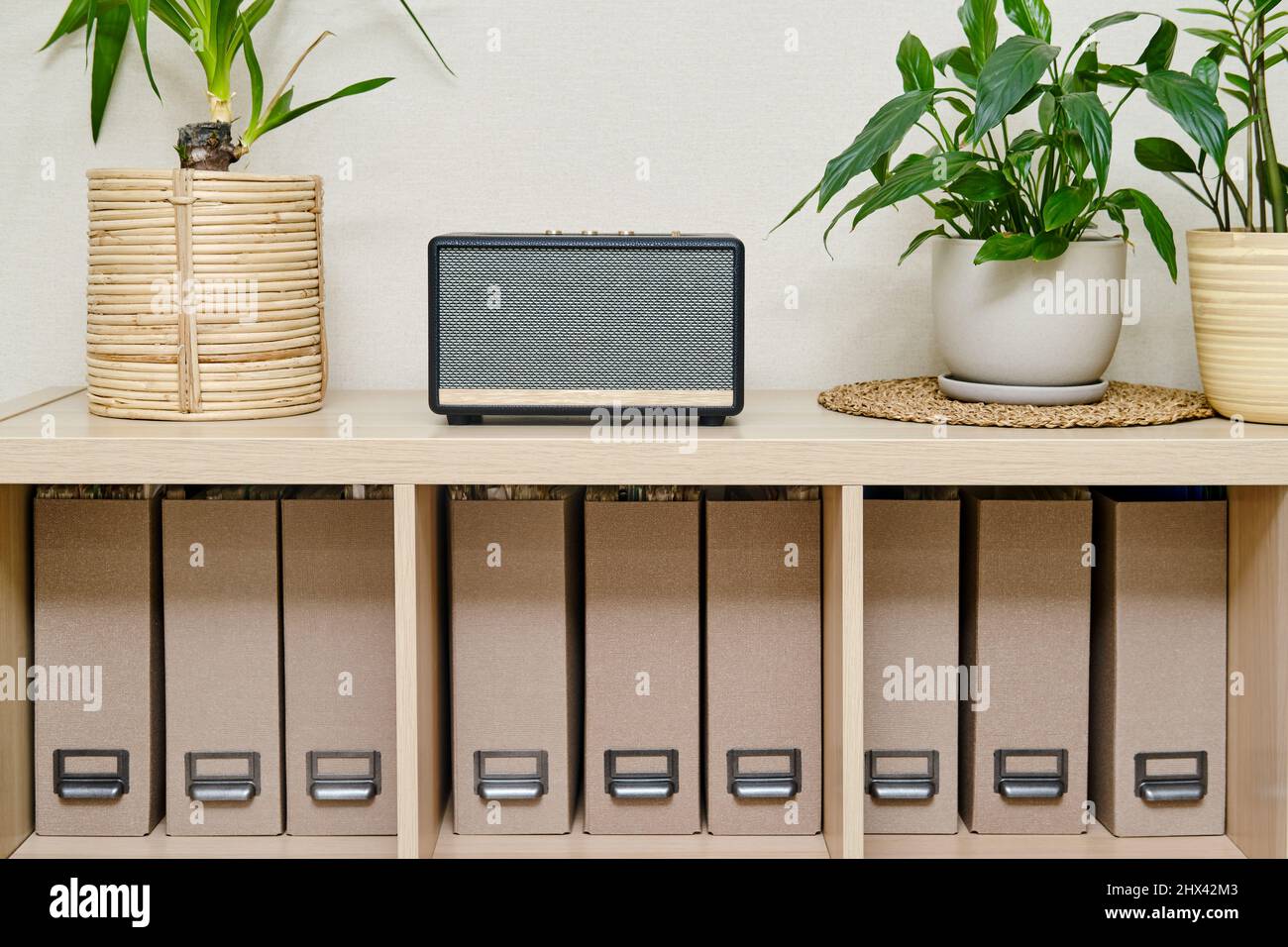 Acoustic music speaker in retro style. Vintage sound column in an old ...