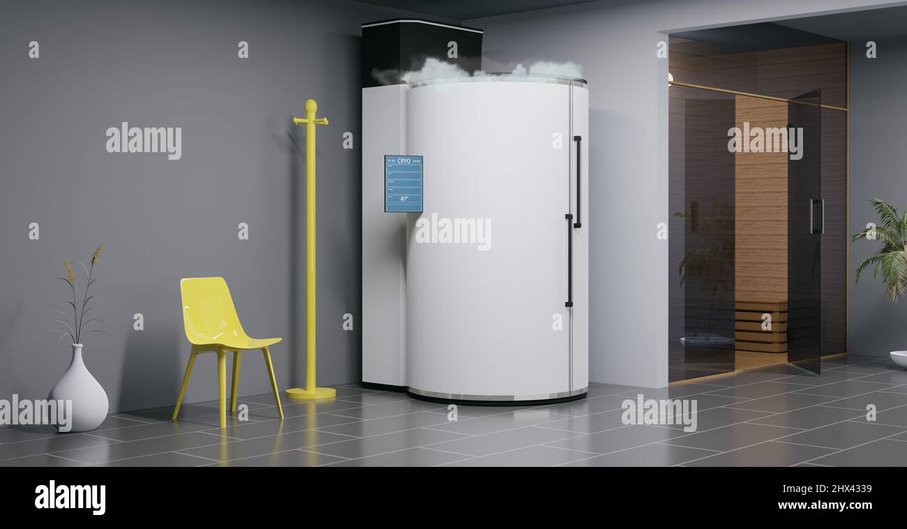 3D illustration of a cryosauna room or cryotherapy or freezing cabinet ...