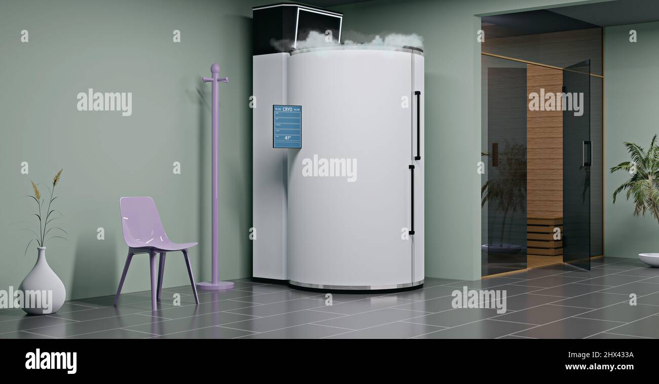 3D illustration of a cryosauna room or cryotherapy or freezing cabinet ...