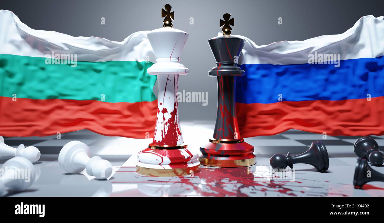 Bulgaria and Russia war, conflict and crisis. National flags, chess ...