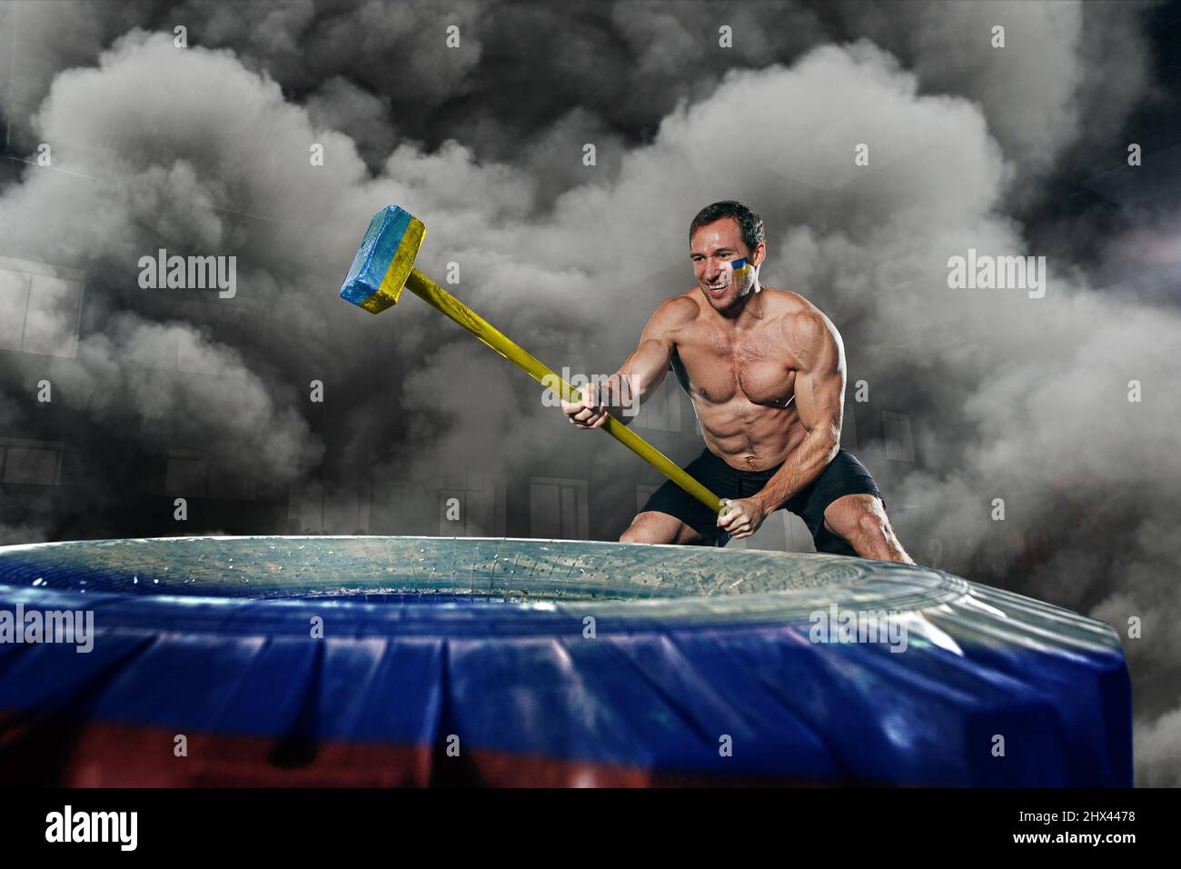 Conceptual collage with human hand showing stop sign to flying bomb ...