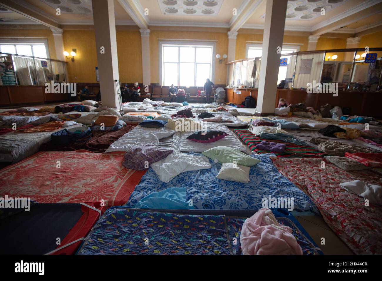 Waiting hall in Lviv railway staion prepared for refugees during ...