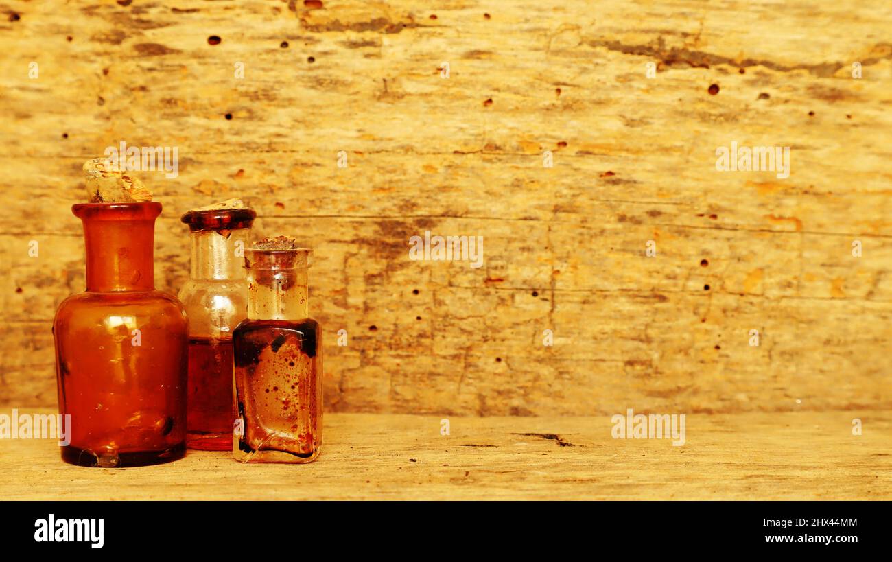 Antique Medicine Bottles, Victorian Era, on a original 1800s wooden ...