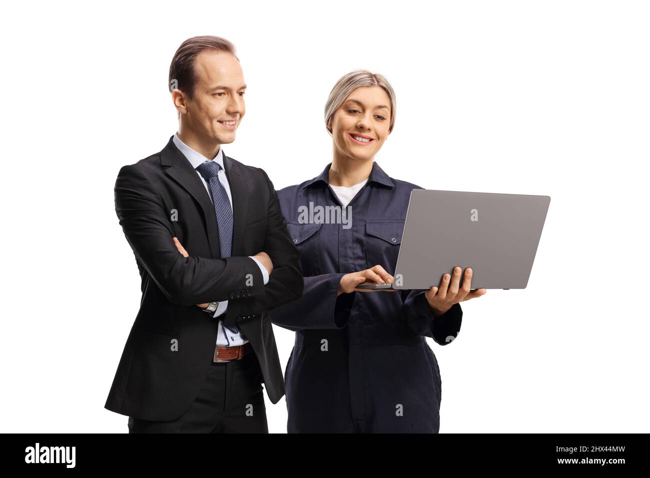 Manager and female worker looking at a laptop computer isolated on ...