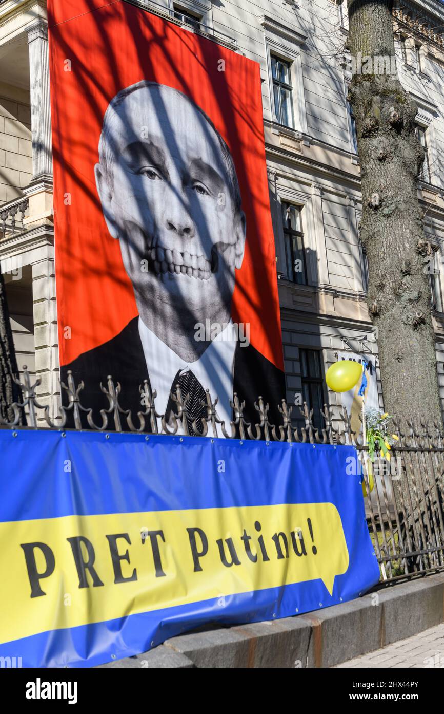 RIGA, LATVIA. 9th March 2022. Huge banner with Putin's skull hanged at ...