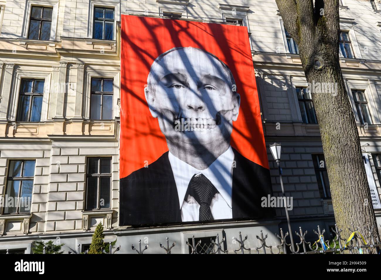RIGA, LATVIA. 9th March 2022. Huge banner with Putin's skull hanged at ...