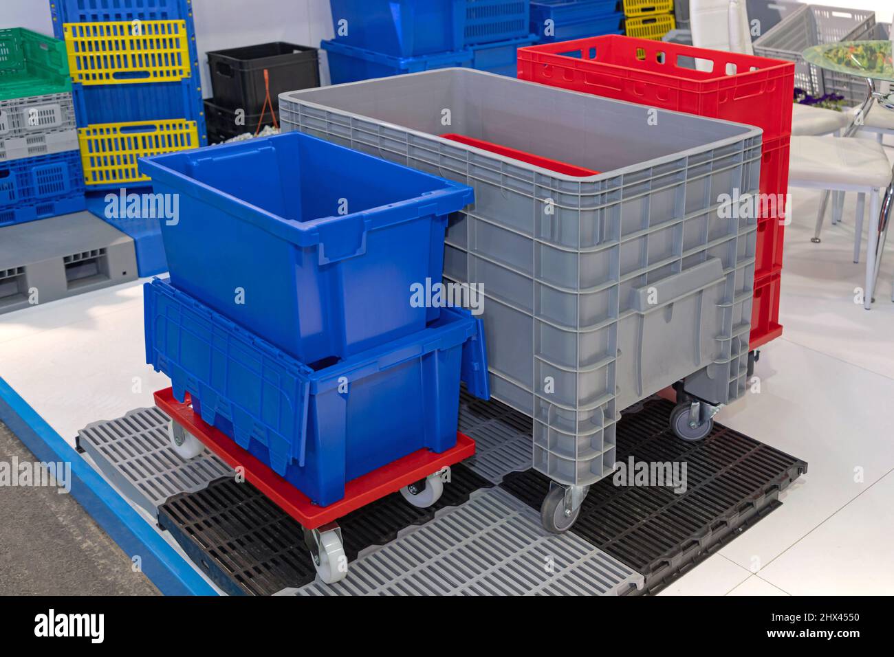 Plastic Boxes With Dolly Cart Wheels Pallet Shipping Delivery Stock ...