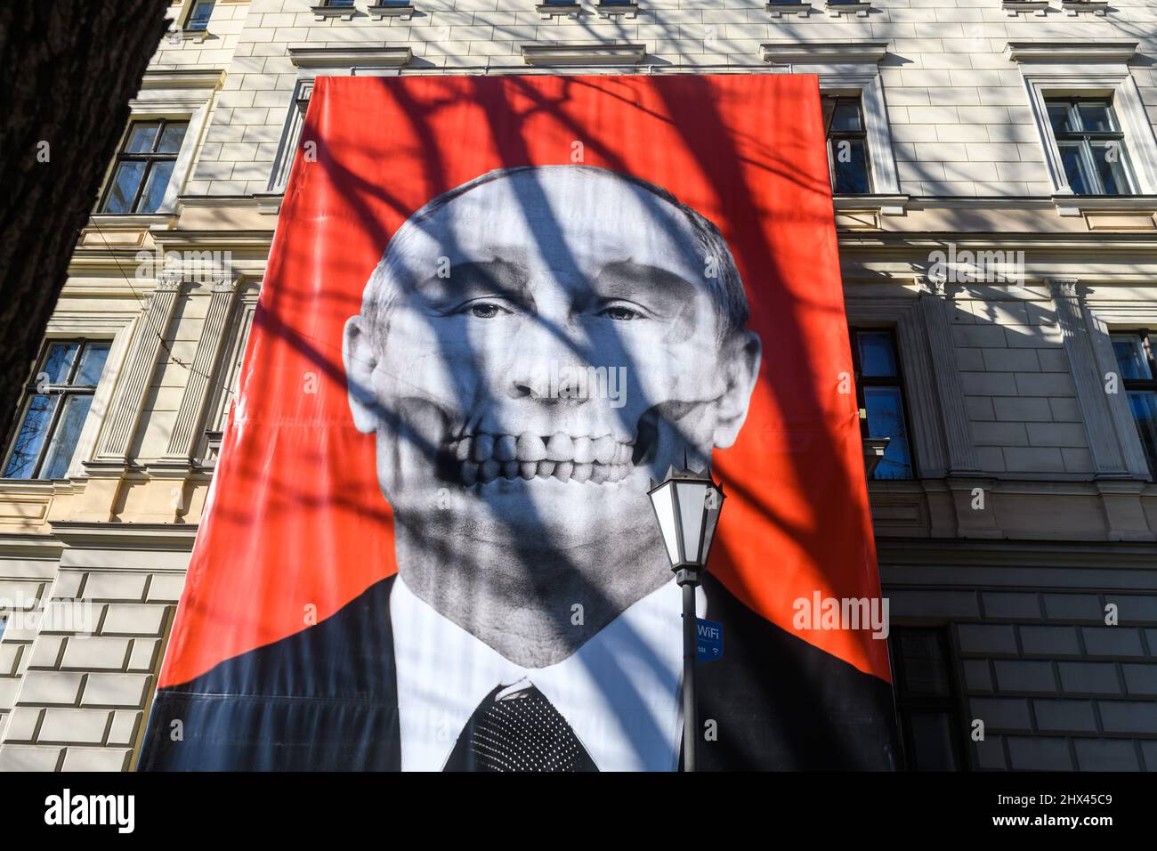 RIGA, LATVIA. 9th March 2022. Huge banner with Putin's skull hanged at ...