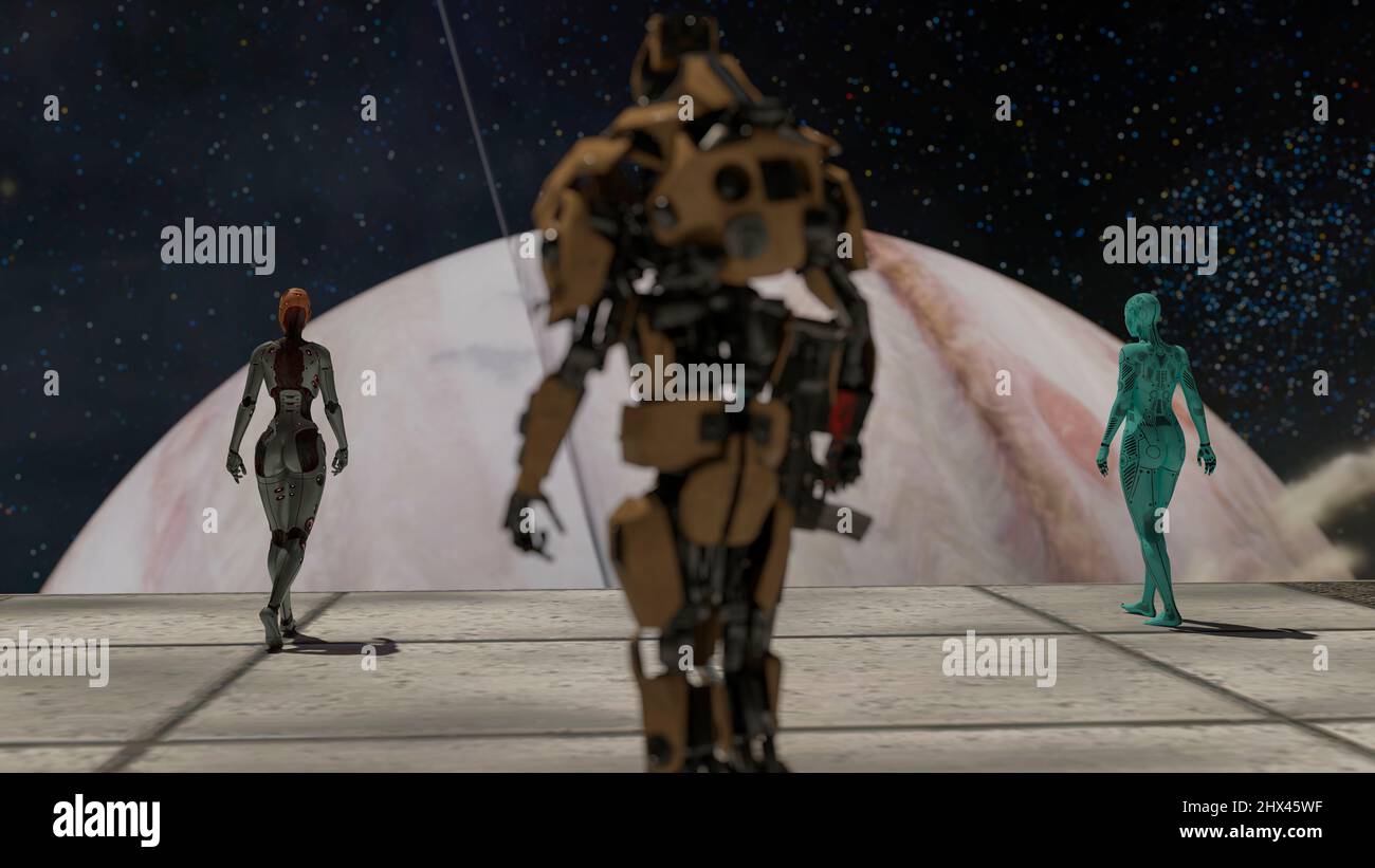 Robot and cyborgs on a space base looking at a big planet - 3D ...