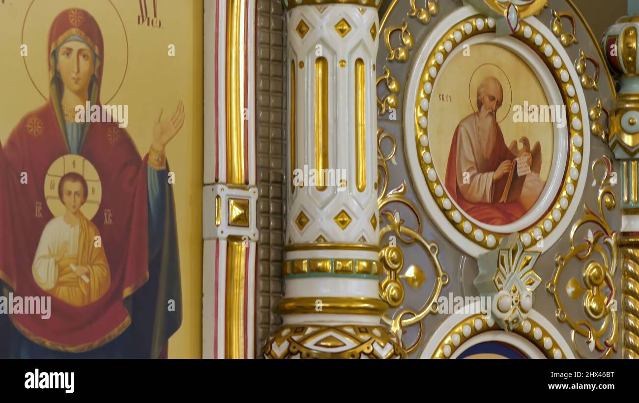 Interior of a decorative orthodox church with beautiful fresco covering ...