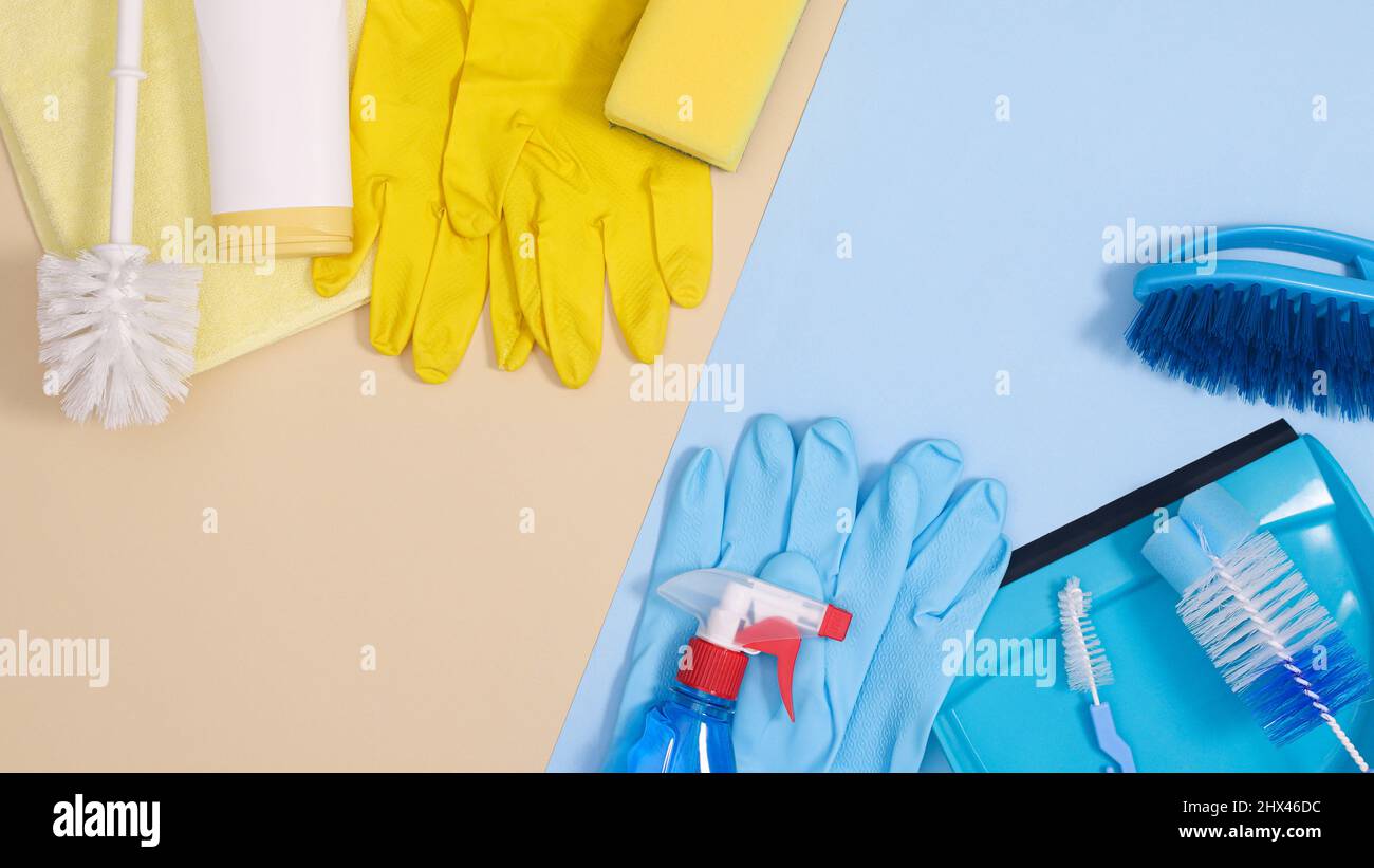 Cleaning tools arrangement on pastel blue and beige background. Flat ...