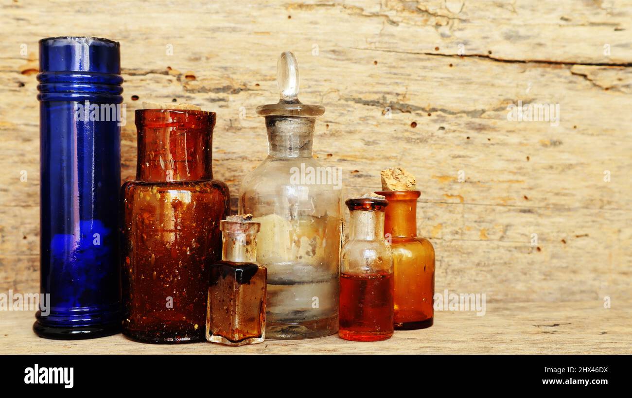 Antique Medicine Bottles, Victorian Era, on a original 1800s wooden ...