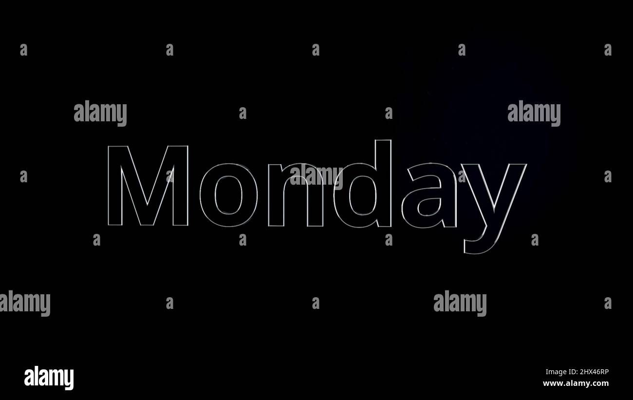 Monday text word gliding on black, glossy background, 3D animation ...