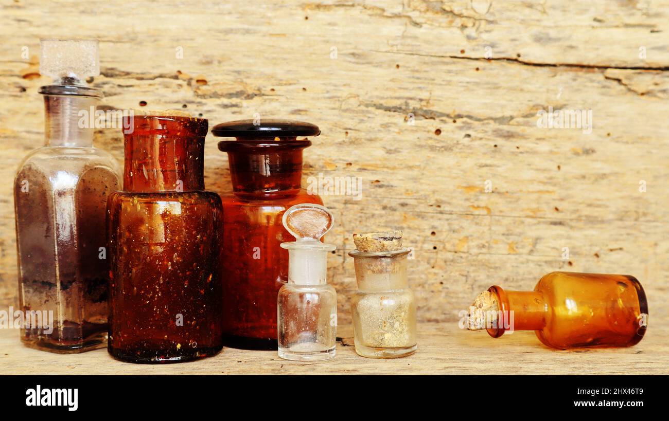 Antique Medicine Bottles, Victorian Era, on a original 1800s wooden ...