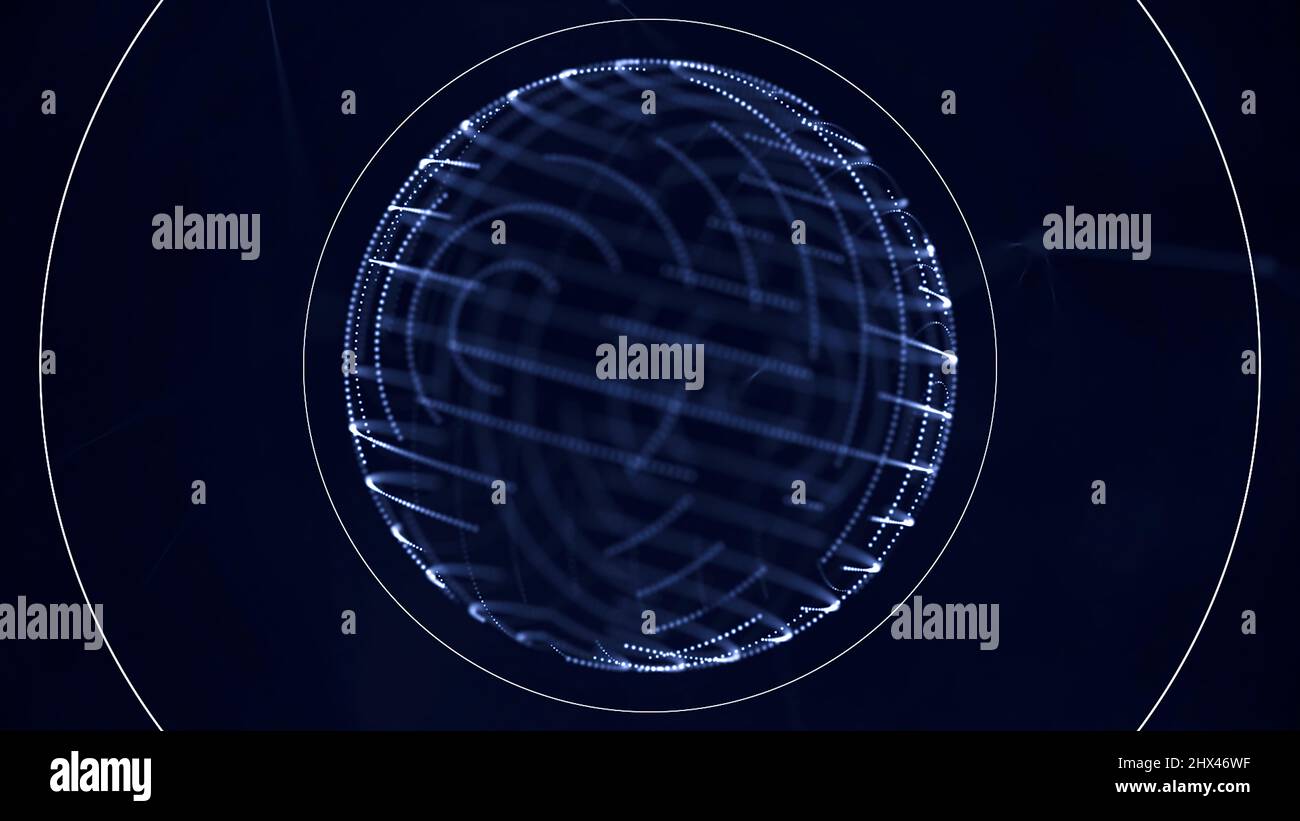 Digital, blue transparent sphere with small moving dots on its surface ...