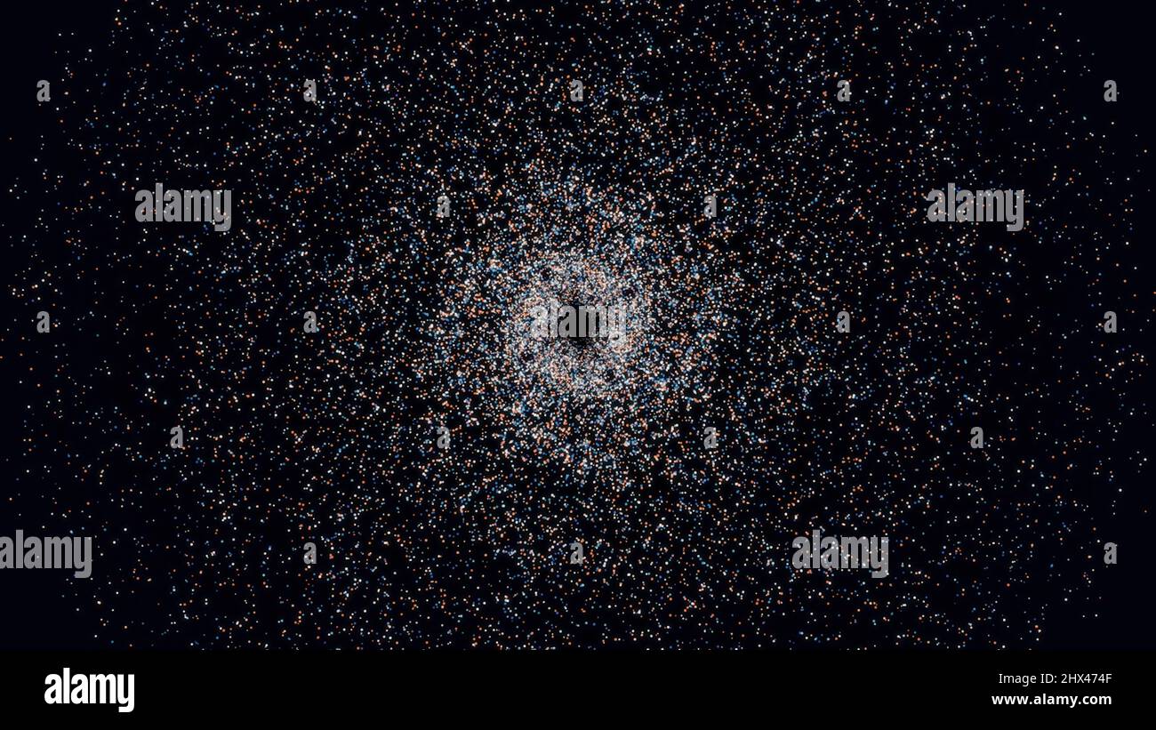 Flowing spiral particle field, swirling dots on black background. Space ...