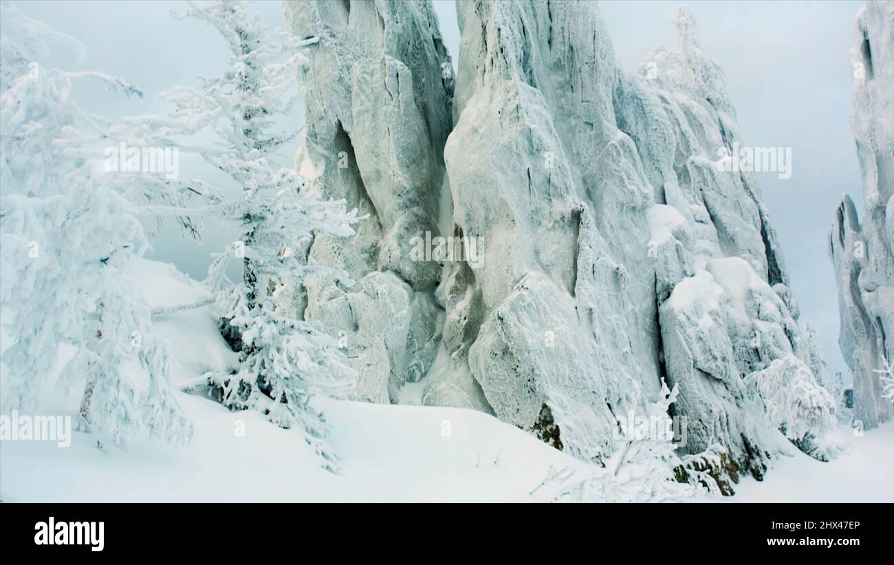 Snowy Rock in the forest. Video. snowy rocks in the mountains with ...
