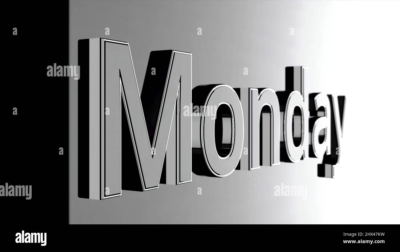 Monday text word gliding on black, glossy background, 3D animation ...