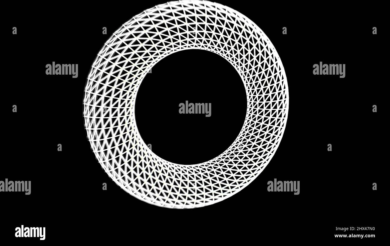 Abstract, white, circle shape geometrical figure rotating on black ...