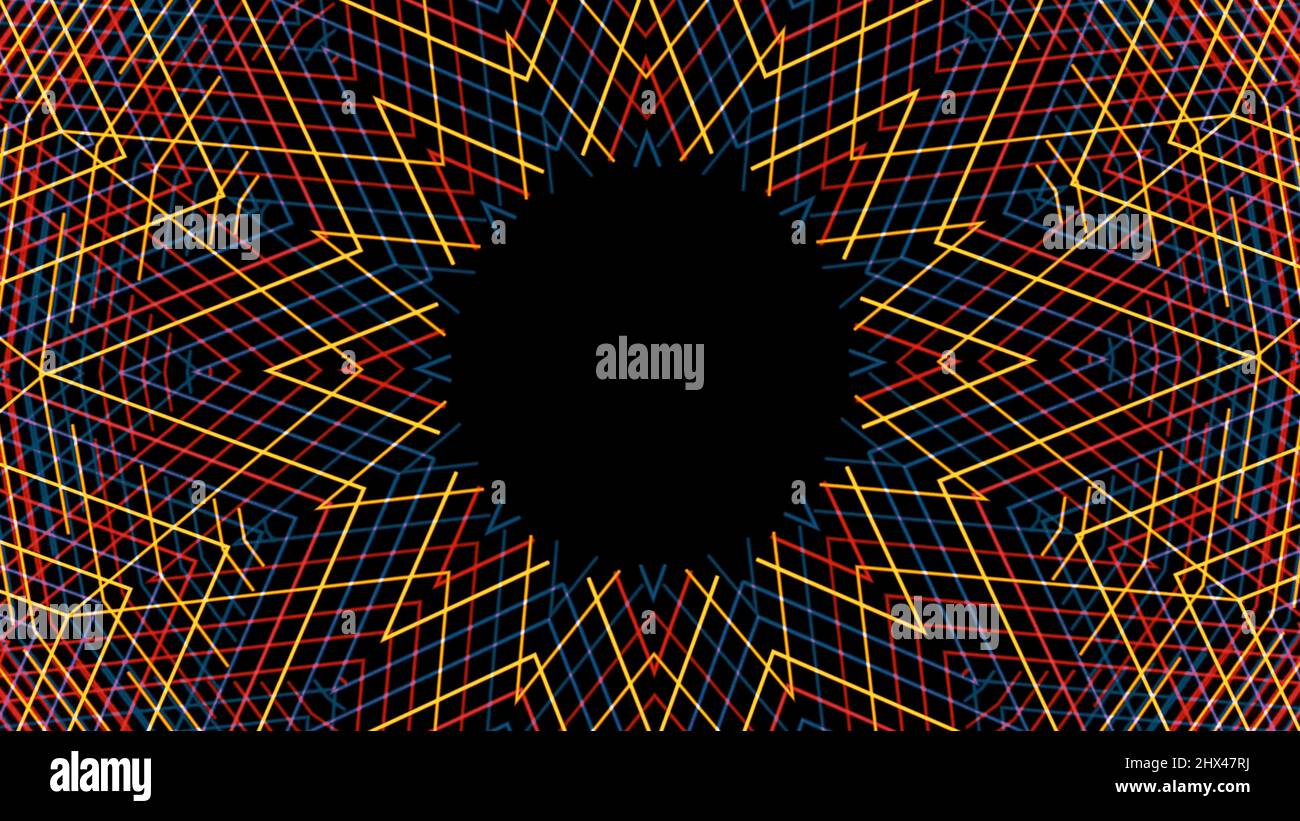 A set of triangles and shapes moving on black background. Narrow lines ...