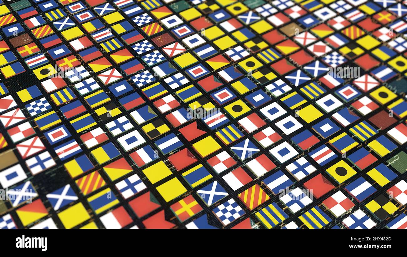 Abstract rows of flags of different countries flowing on black ...