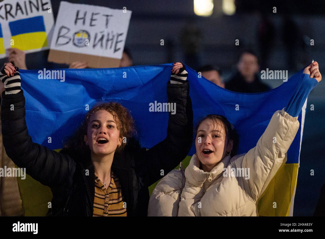 London, UK. 9 March 2022. Demonstrators show solidarity with the people ...