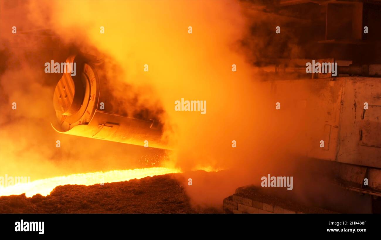 Hot steel production at the steel plant, metallurgy concept. Hot shop ...