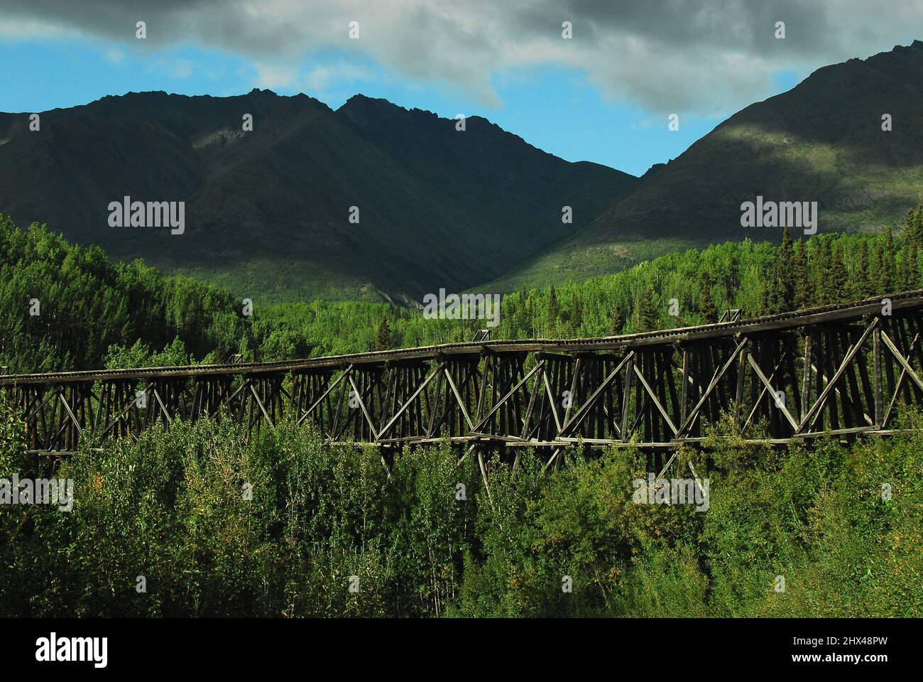 Panoramic wilderness valley forest landscape crossed by the ruin of an ...