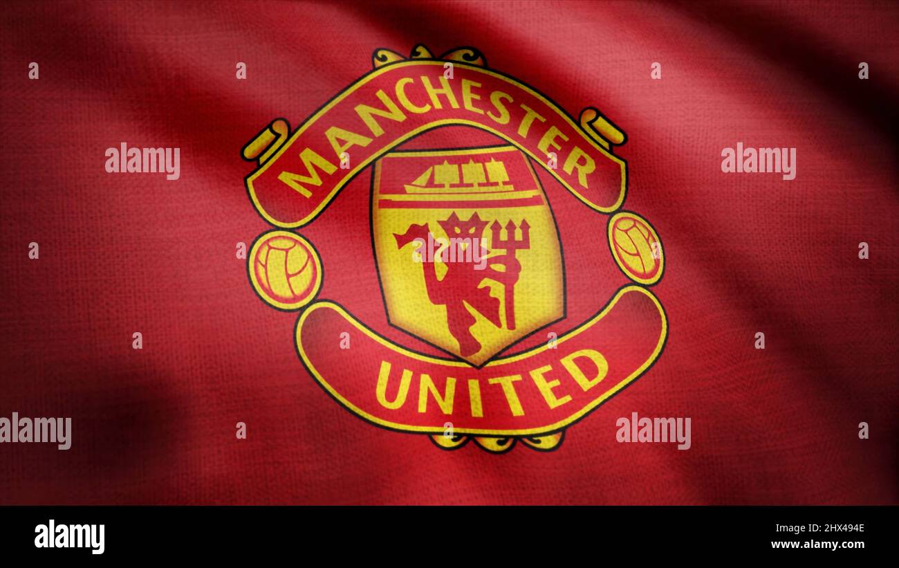 Waving FC Manchester United flag. Close-up of waving flag with ...