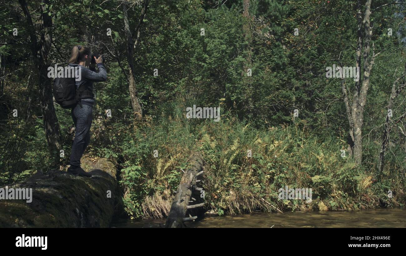 Traveler photographing scenic view in forest river. Wood bridge fallen ...