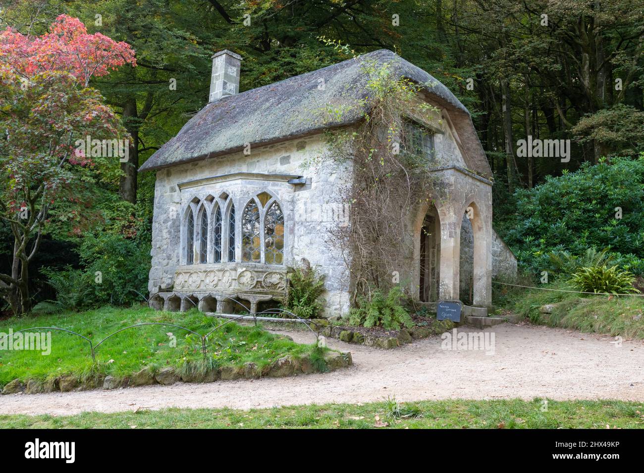 View of the Gothic cottage at Stourhead House and Gardens in Wiltshire ...