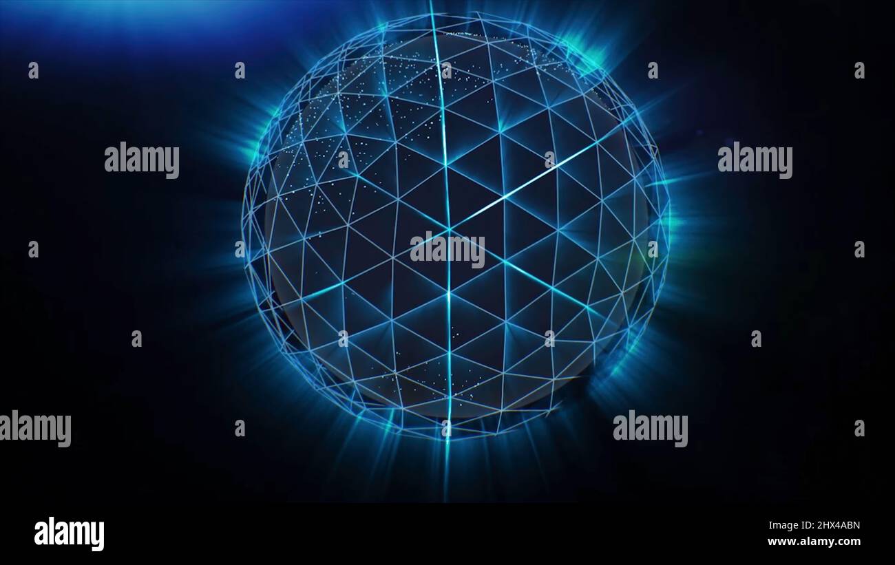 Blue Polygonal Sphere Spinning. Abstract neon ball made from lines ...