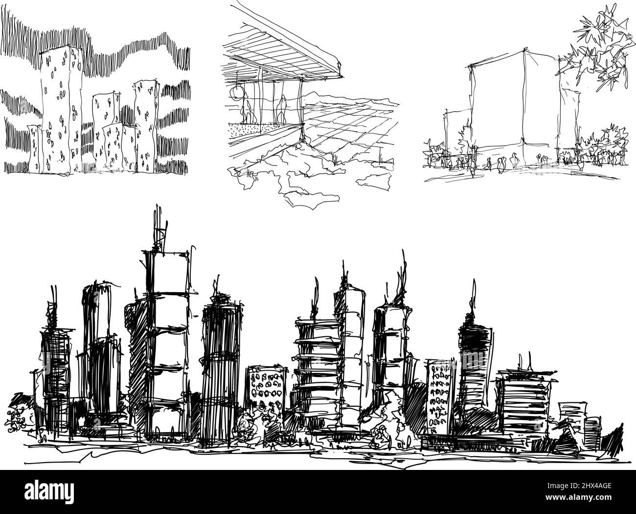 four hand drawn architectural sketches of a modern city with high ...