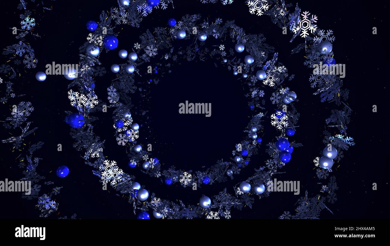 Abstract rotating spiral of snowflakes and blue Christmas tree toys on ...