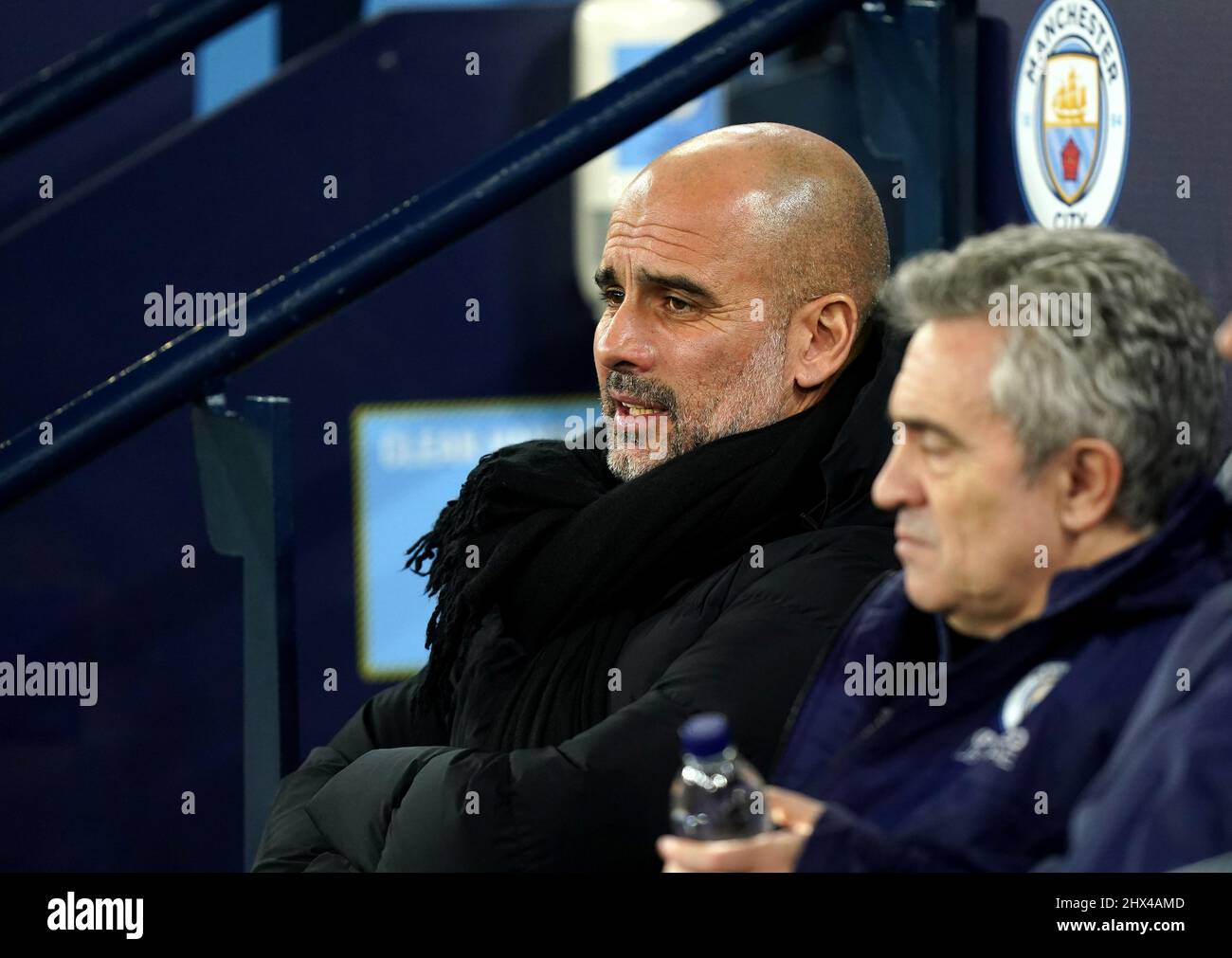 Manchester City manager Pep Guardiola on the bench during the UEFA ...