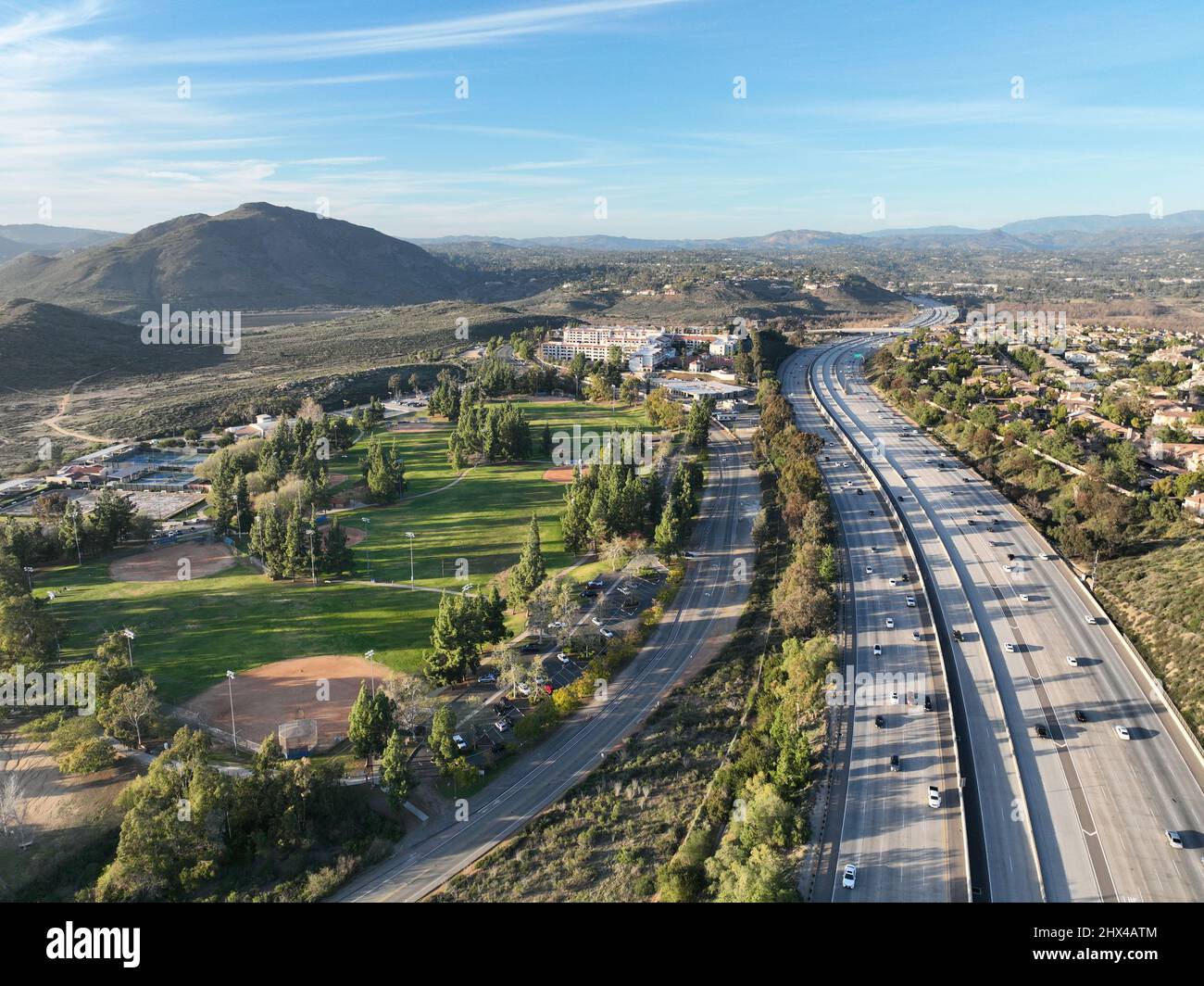 Aerial view of interstate 15 highway with in vehicle. San Diego, South ...