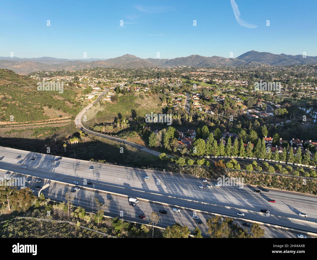 Aerial view of interstate 15 highway with in vehicle. San Diego, South ...