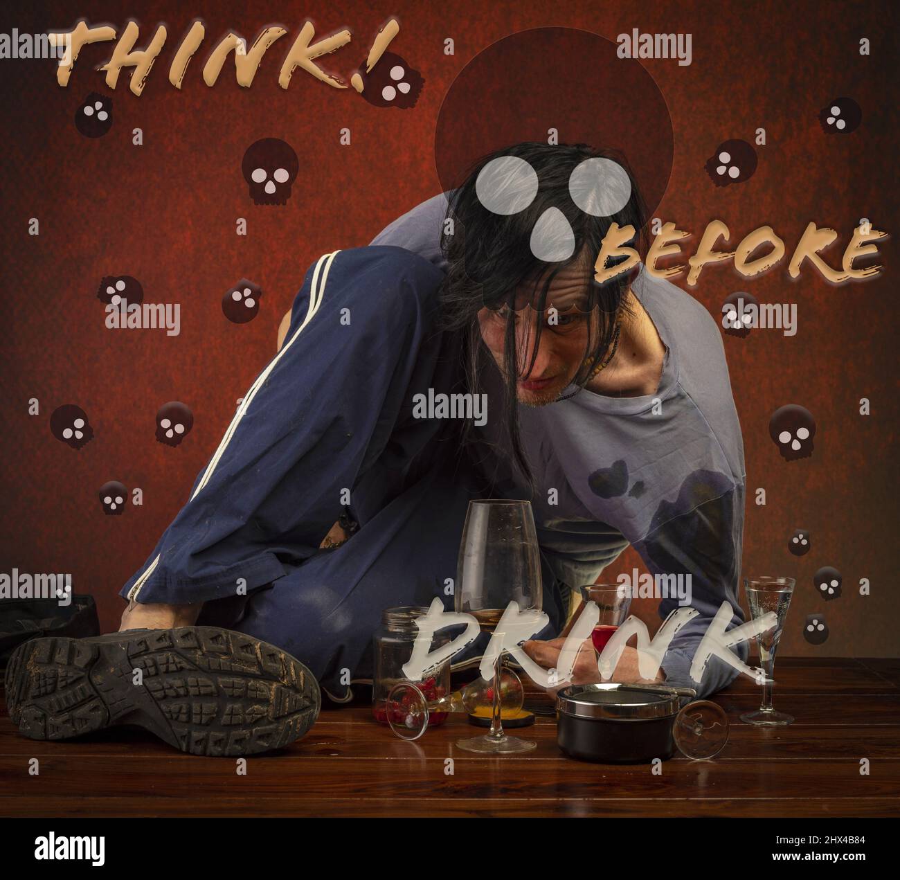 Think before drink alcohol campaign with alcohol man and red background ...