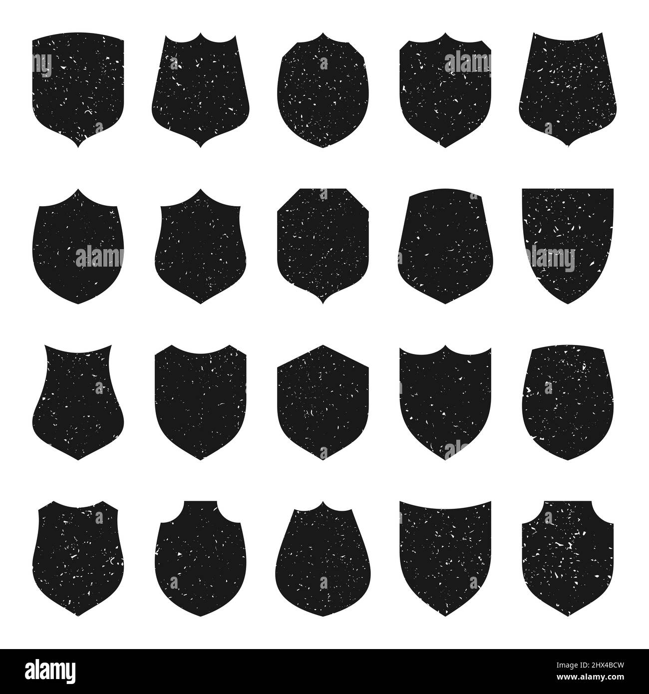 Set of various vintage shield icons. Black heraldic shields with grunge ...